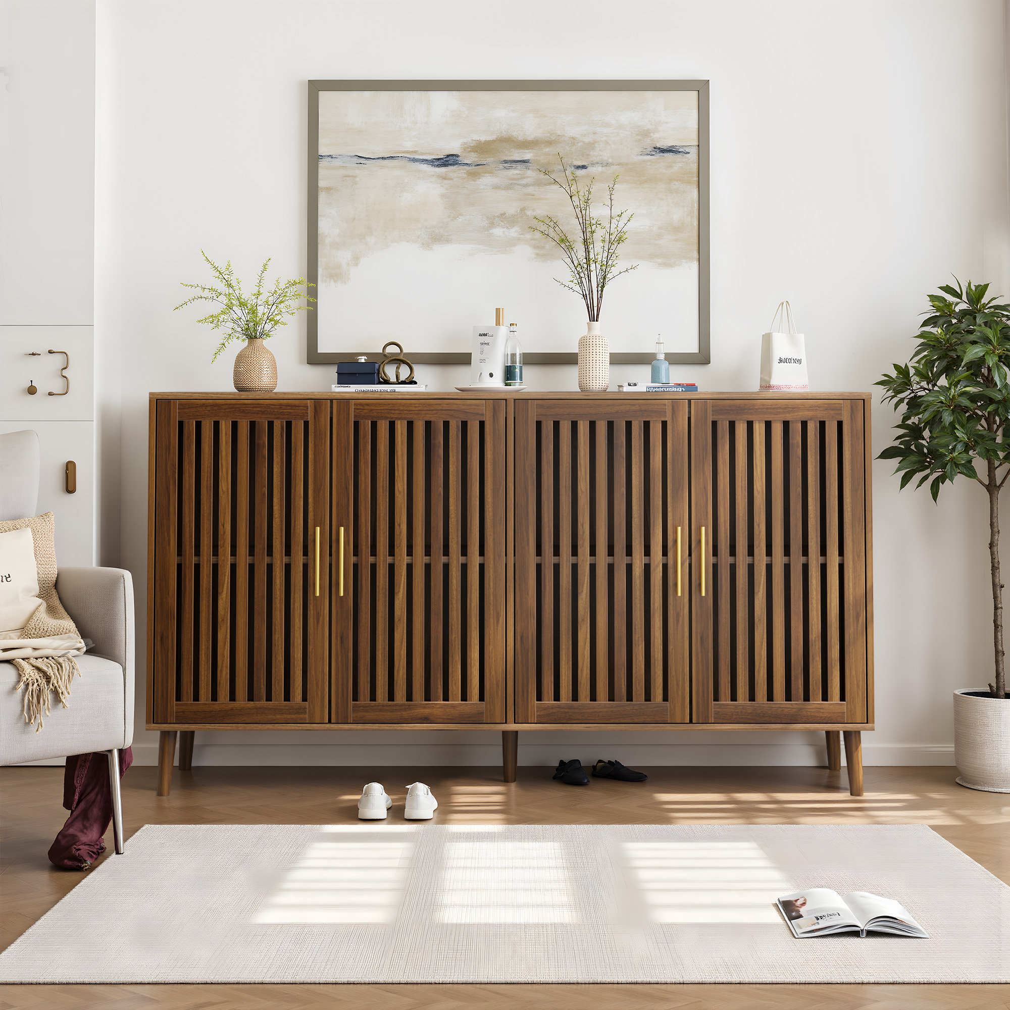 George Oliver 63" Buffet Cabinet With Adjustable Shelves & 4 Grille Doors, Sideboard With Gold ...